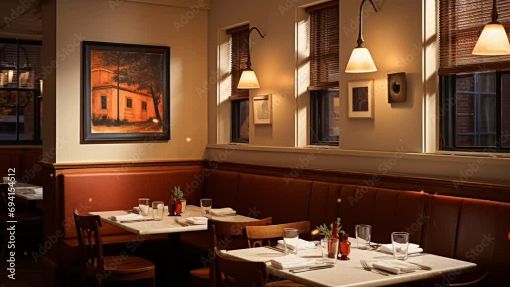 cozy restaurant background at night. seamless looping time-lapse ...