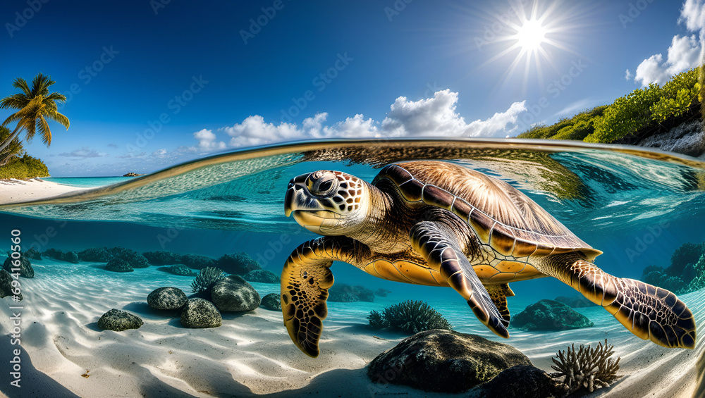 turtle in the sea, A turtle swims under the water in the bahamas, A ...