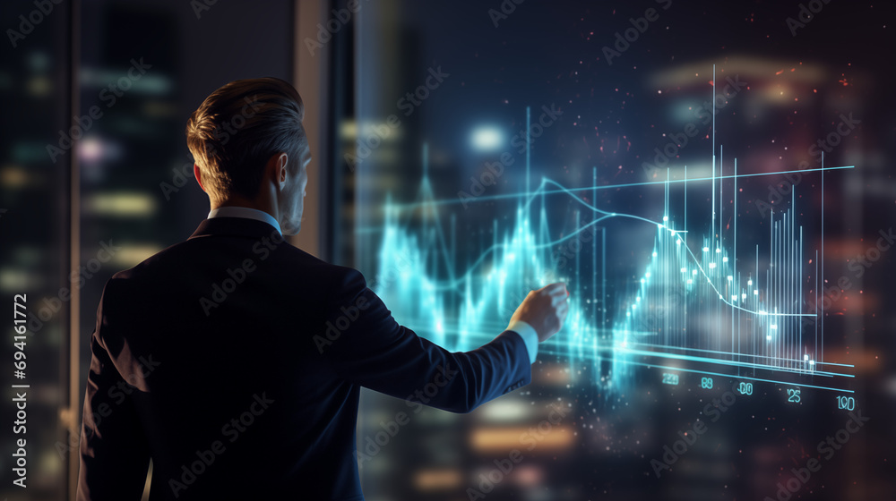 A businessman investor touching and analysing a graph of stock market ...