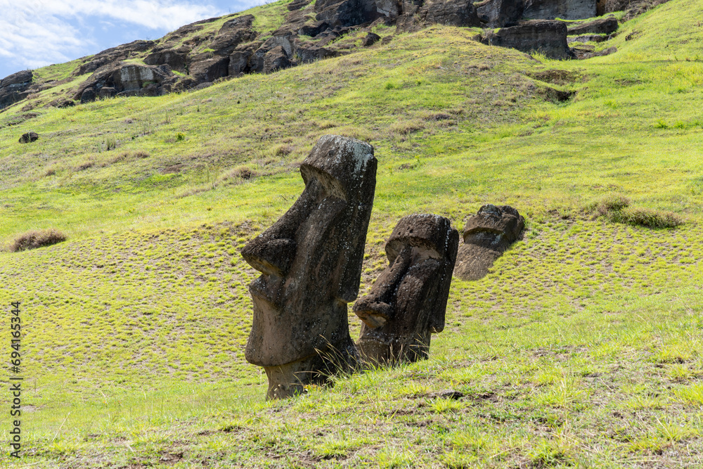 Moai heads on the slope of Rano Raraku on Easter Island (Rapa Nui ...