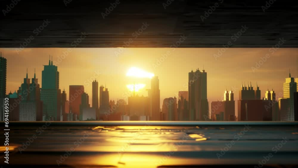 cityscape view animation with wide camera look angle and sunset behind ...