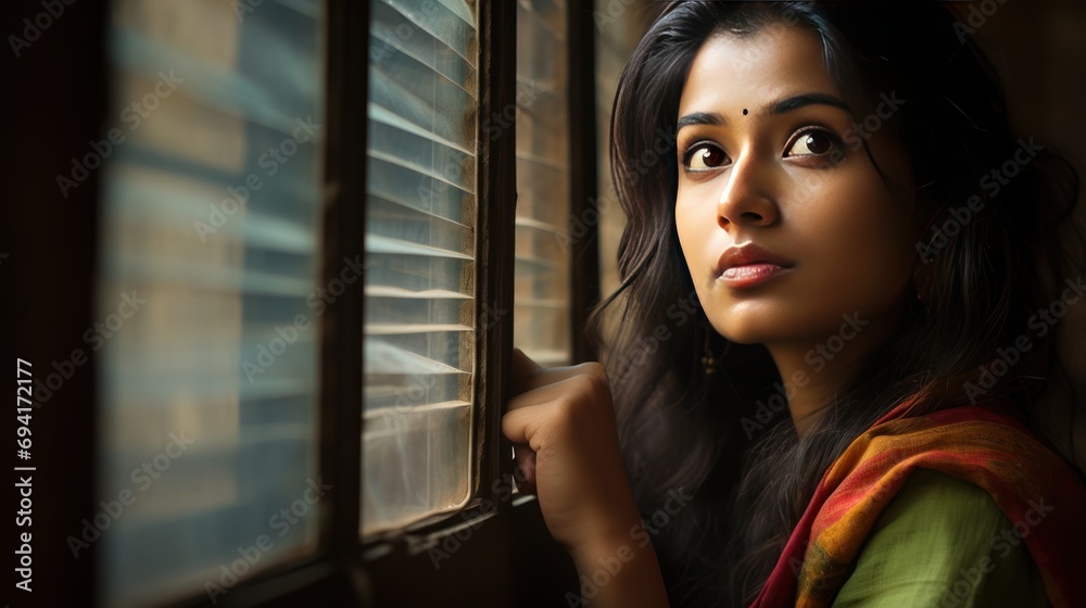 Beautiful Indian Woman At Home Indian Woman Looking Away At The Window