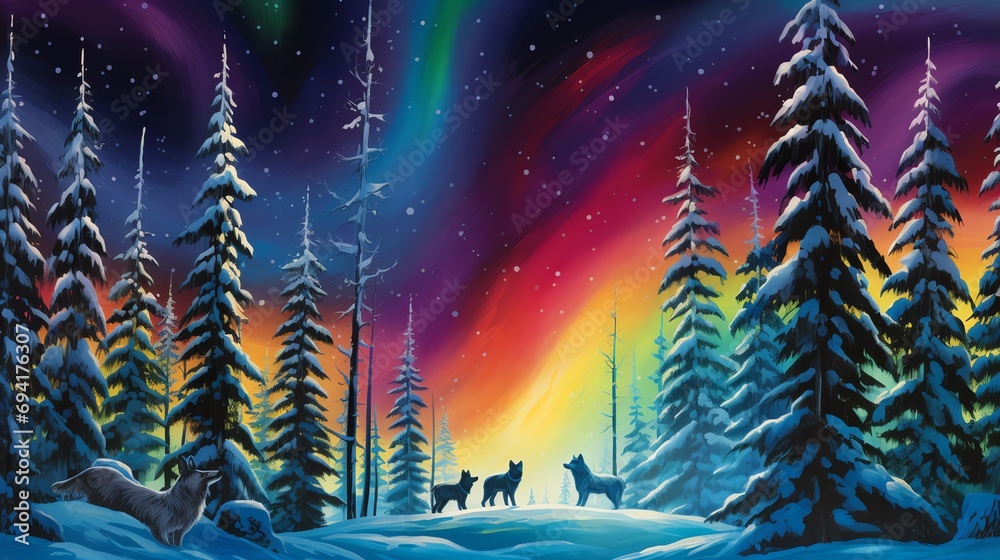 painting of a family of wolves traversing the snowy landscape with ...