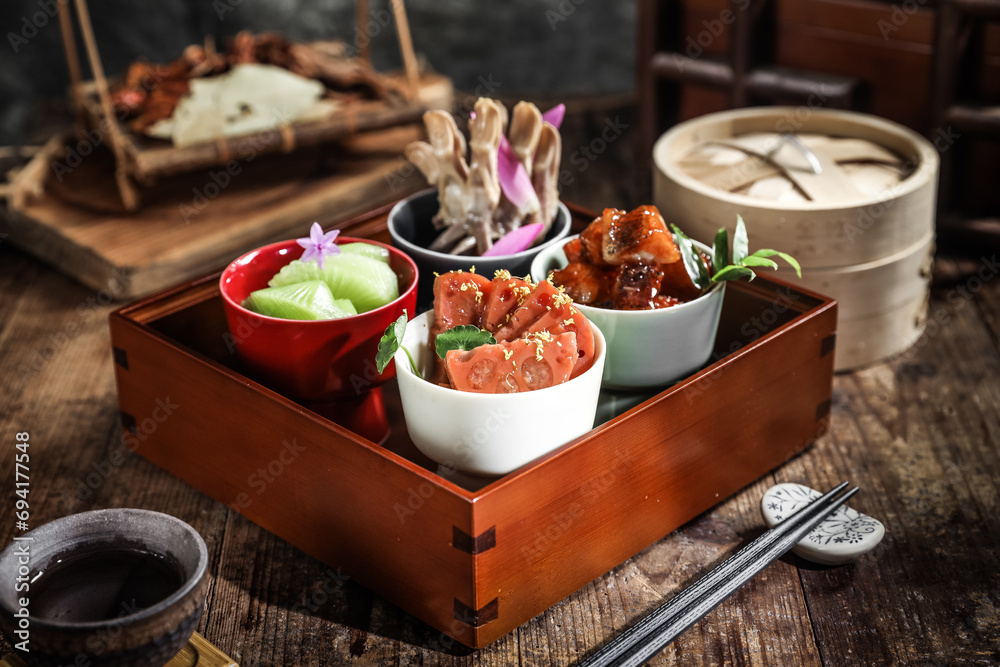 Various snacks and Chinese food in high end sophisticated fine dining restaurant, expensive food ...