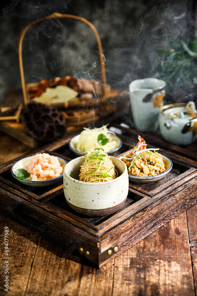 Various snacks and Chinese food in high end sophisticated fine dining restaurant, expensive food ...