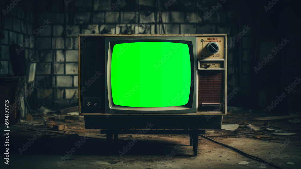 An old TV set in a old scary room with green screen, compositing ...