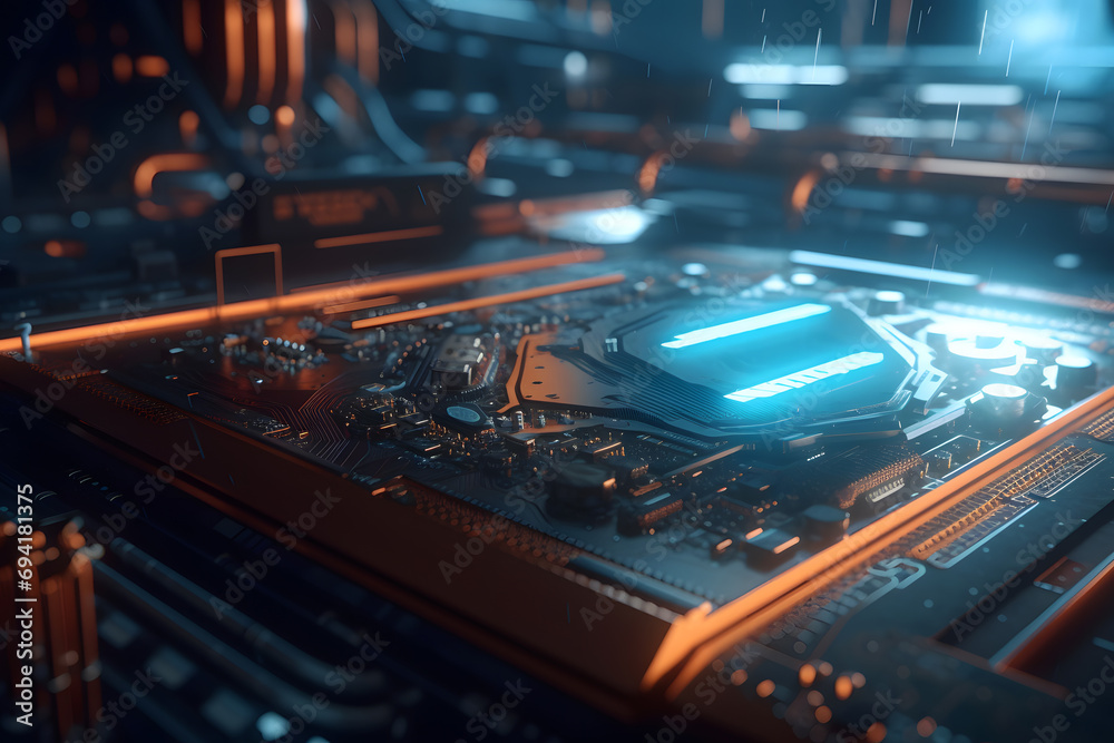 Close-up view of a modern GPU card with circuit and colorful lights and ...