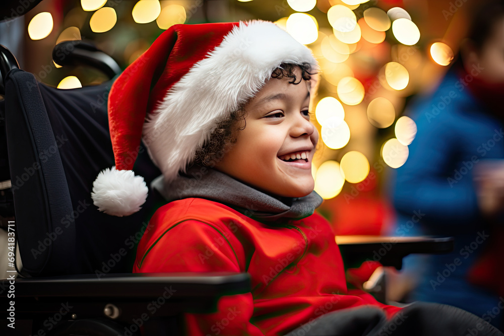 Physically disabled child on a wheelchair, with Santa Claus, Father ...