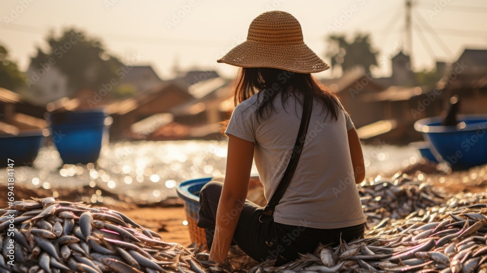 Woman with a fish basket selling fish at the market in Hoi An, Vietnam ...