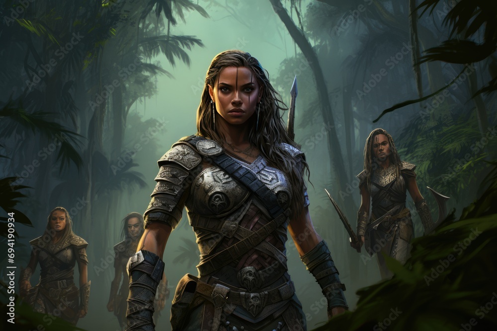 Female warrior in the jungle, female warrior in the ancient forest full ...