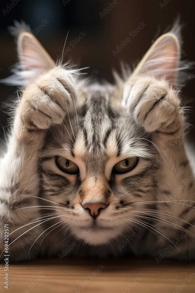 Siberian cat hands over head embarrassed, silver tabby maine coon cat ...