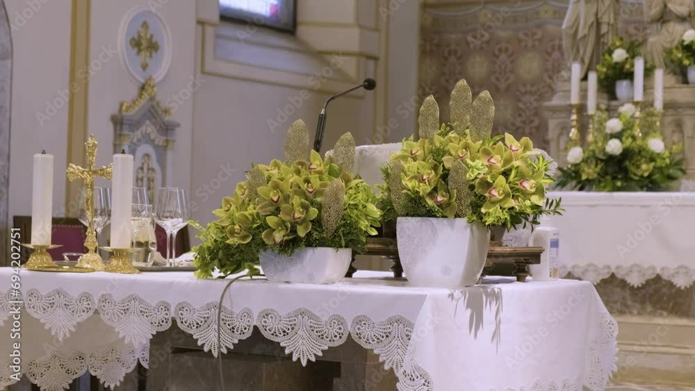 Orbit Around Credence Table With Flowers, Candles, Chalice, Cross ...