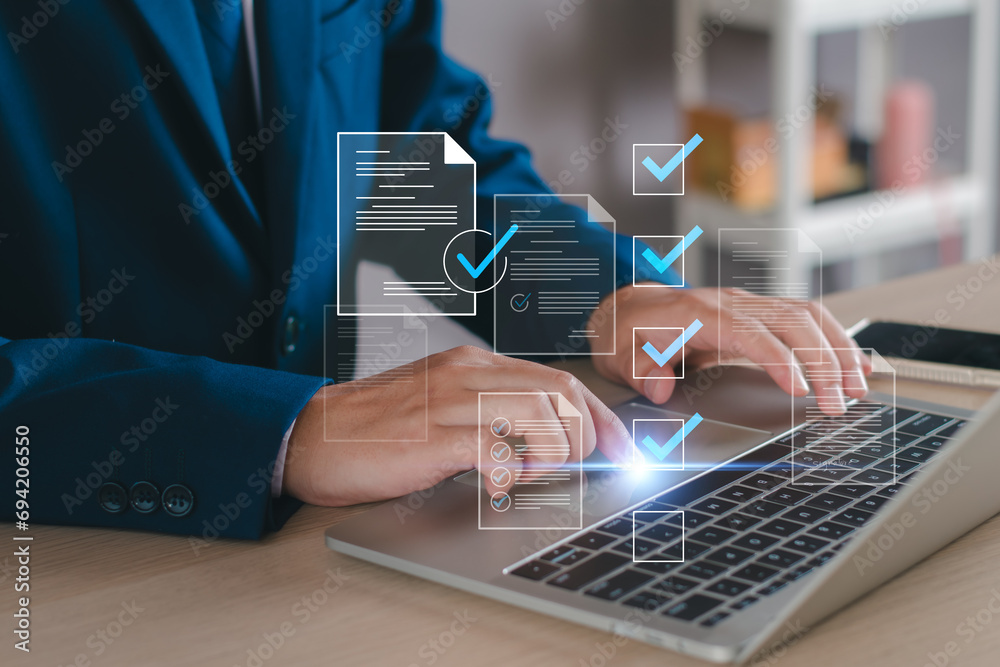 Check list concept. Businessman tick off questionnaire, survey, test ...