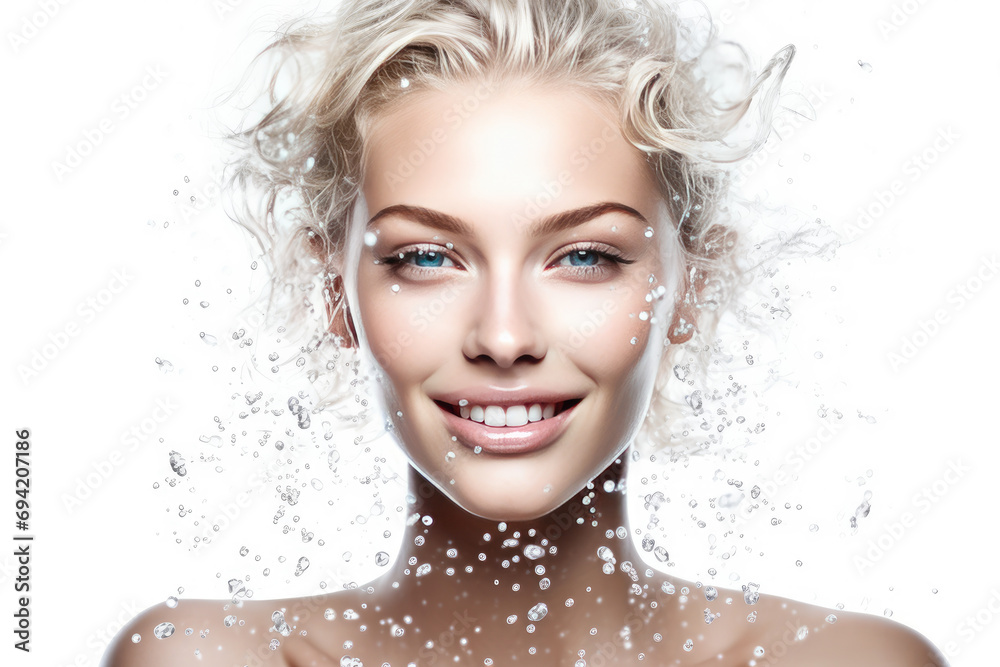 beautiful smiling model with perfect skin and water drops on her skin ...