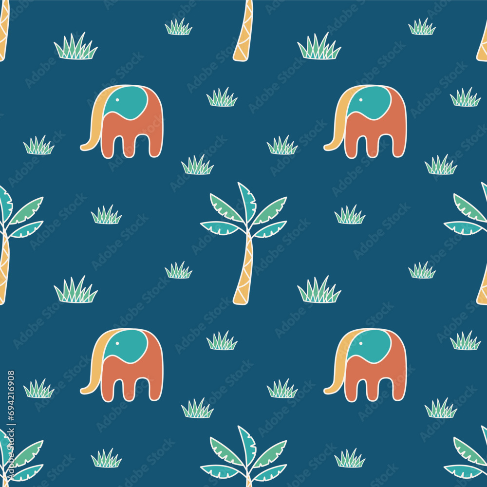 Vector Cute Tropical Elephant Tree Grass Seamless Pattern Background ...
