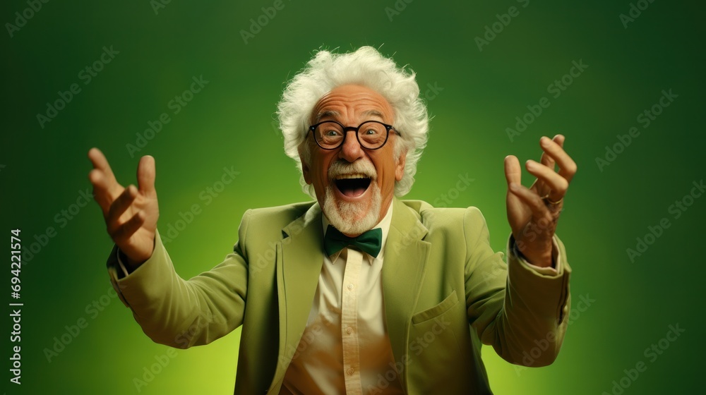 exuberant elderly gentleman with wild white hair, round spectacles, and ...