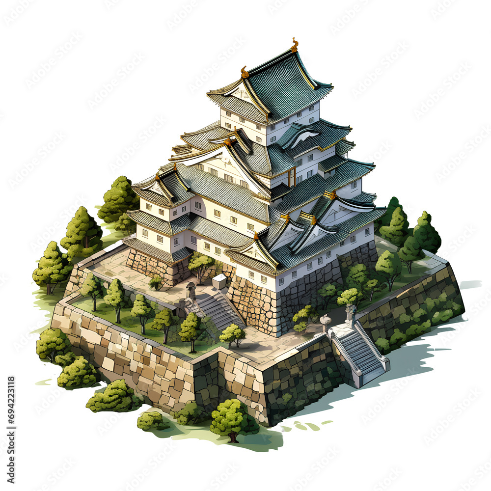 Isometric view of Japanese designed castle on transparent background ...