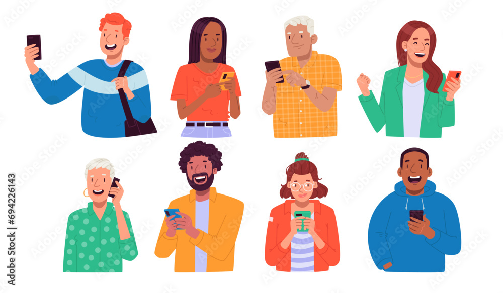 People use phones. Set of characters of men and women of different ages ...