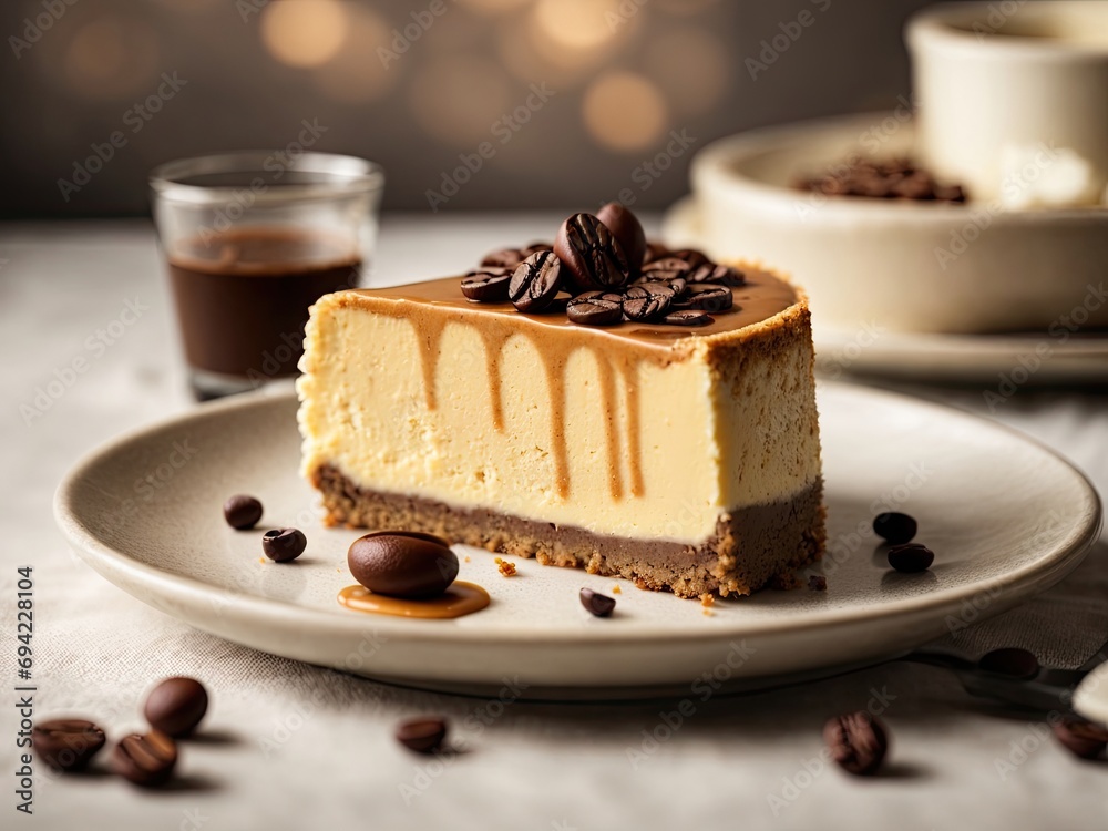 Slice of baked coffee cheesecake, Baked coffee cheesecake slice, Coffee ...