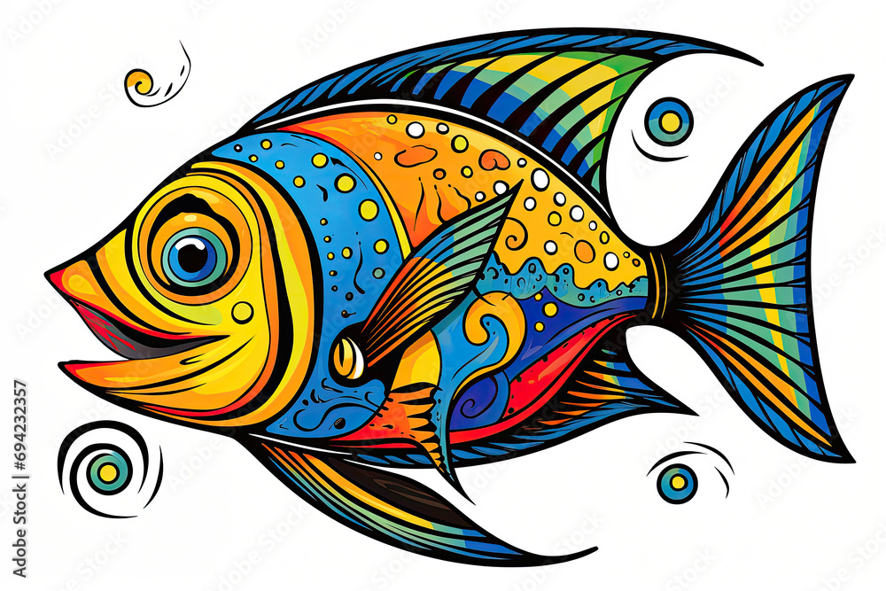 Cartoon colorful fish on white backround. Underwater life. Funny and ...