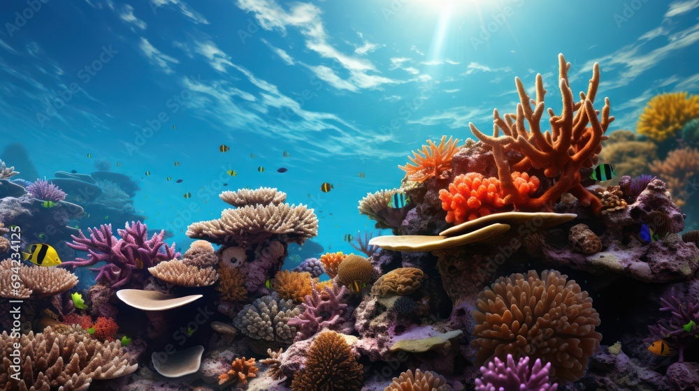 Photo of coral reefs in shallow seas, filled with marine plants and ...