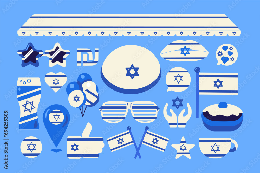 Set of Israel festive elements, attributes of believer Holiday. Israel ...