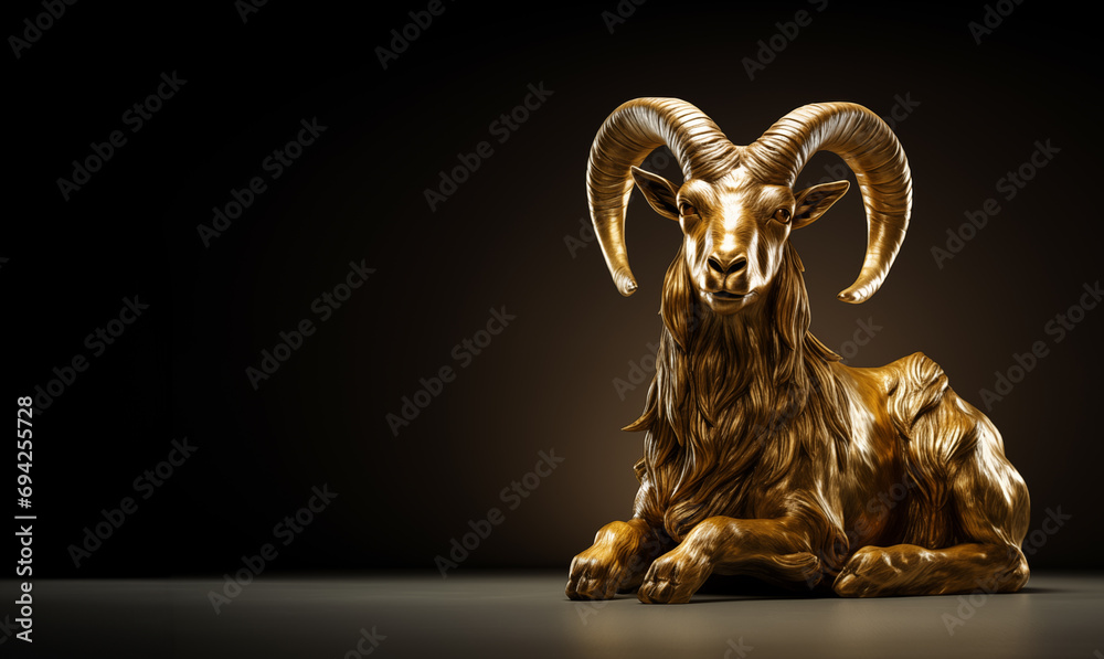 gold goat sculpture lying down full body trophy isolated on plain black ...