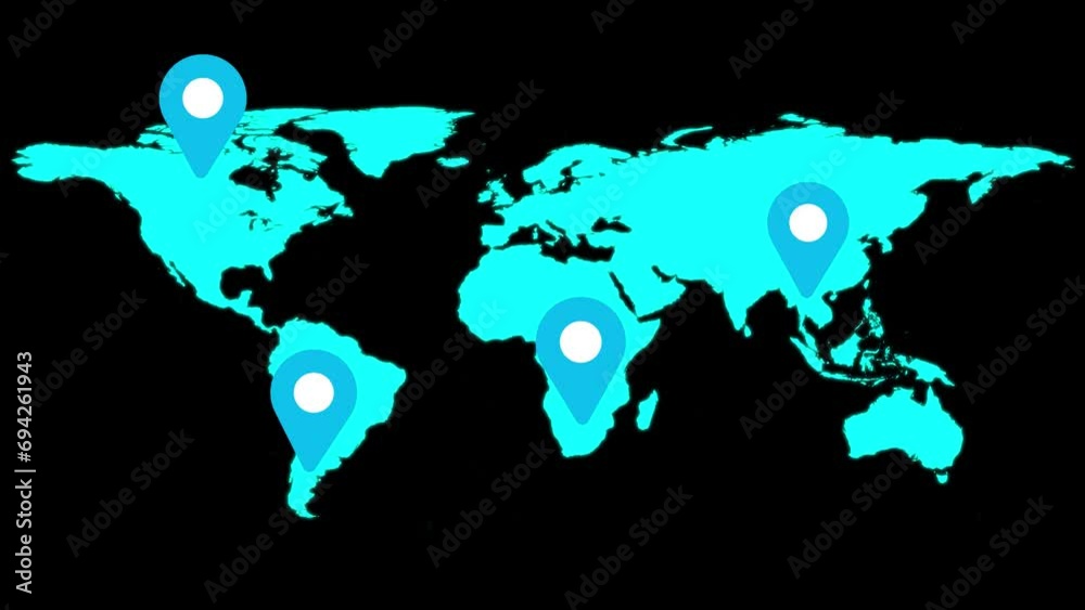World map animation searching place communication concept and location ...