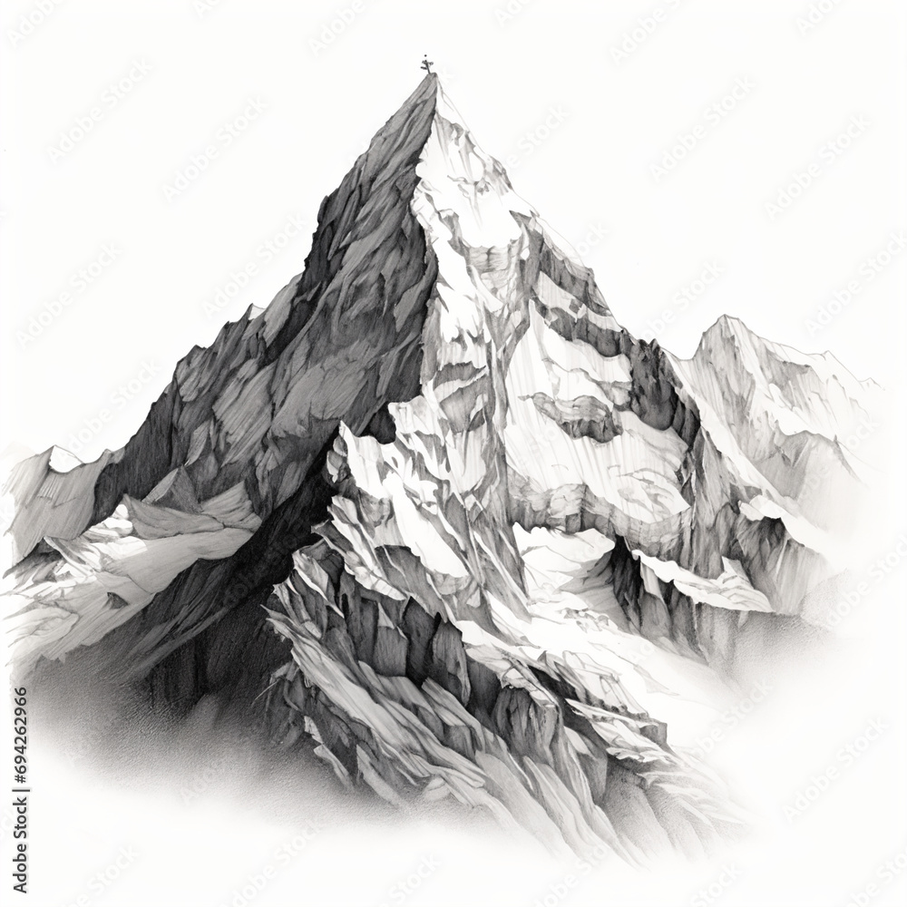 Exquisite Detailed Mountain Illustration Rendered in Pen and Ink Using ...