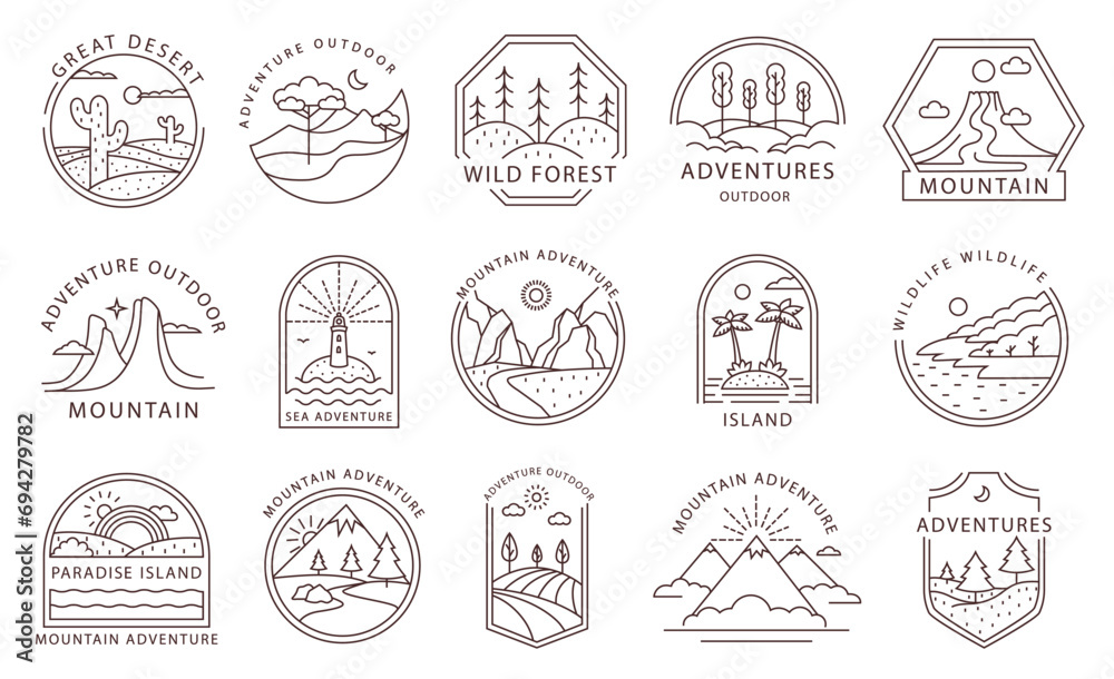 Line art adventure badges. Outline travel emblems with outdoor ...