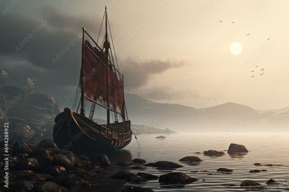 Sailing viking row ships on river. Drakkar, longships. Scandinavian ...