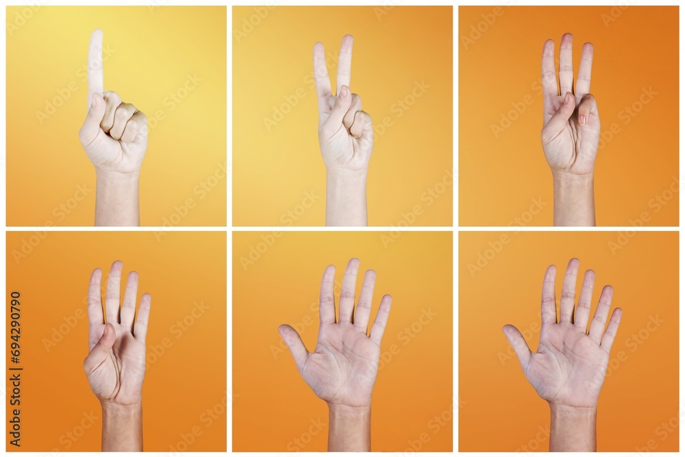 collage one five fingers count signs yellow backdrop. High quality and ...