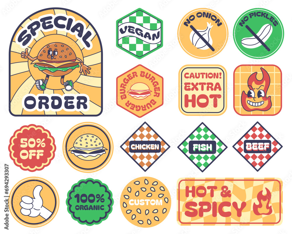 Fast food burger packaging stickers. Special order label, caution hot ...