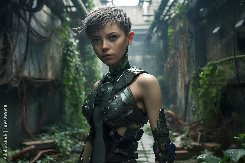 Cyberpunk girl with short hair, cybernetic robotic legs and arms. scene ...