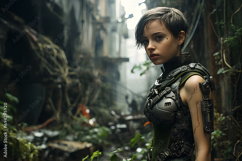 Cyberpunk girl with short hair, cybernetic robotic legs and arms. scene ...