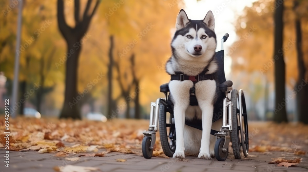 Disabled Siberian Husky sitting in a wheelchair looking at the camera ...