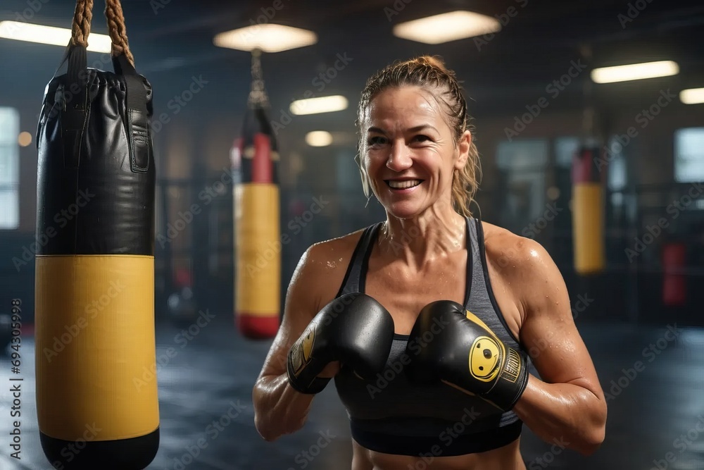 Mature boxer woman, trains with strength and energy in a gym in her 60s ...