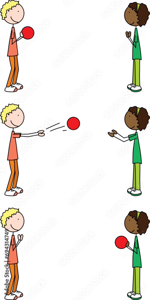 Cartoon vector illustration of a boy and a girl throwing and catching a ...