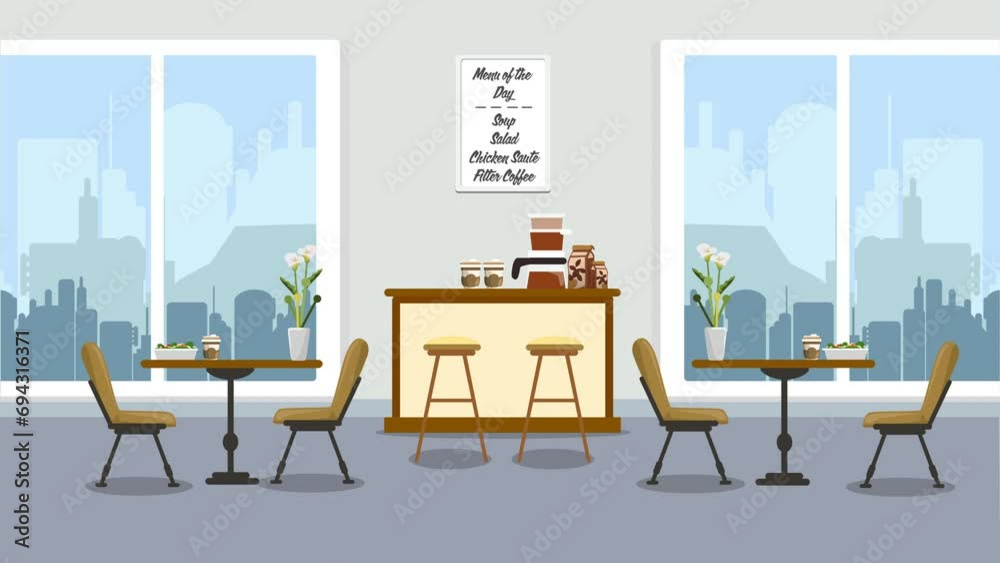 Empty cafe interior design 2D Animation. Coffee shop and empty table ...