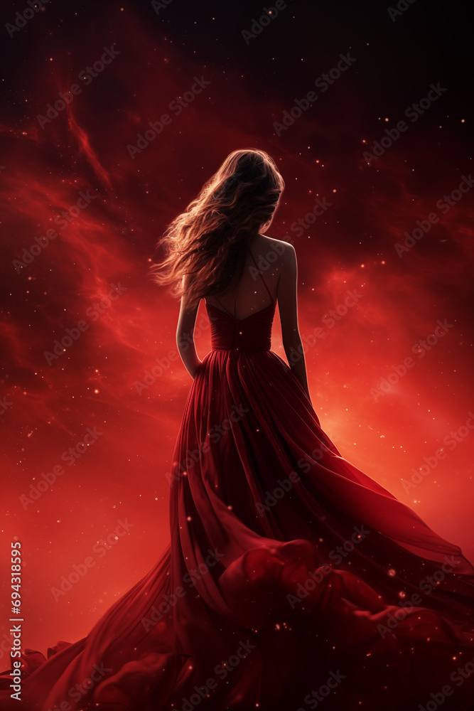 back view of a pretty young woman wearing a long flowing red dress ...
