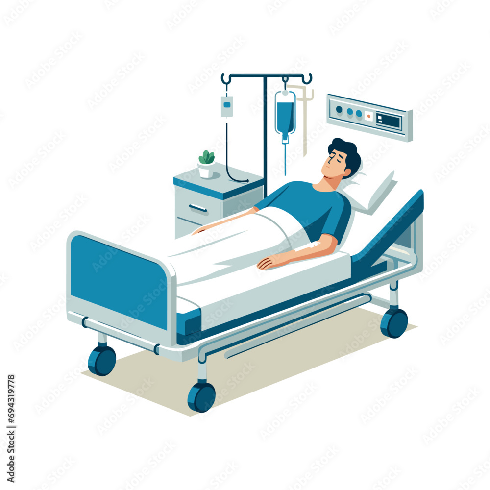 Sick man lying on hospital bed flat design vector illustration. Stock ...