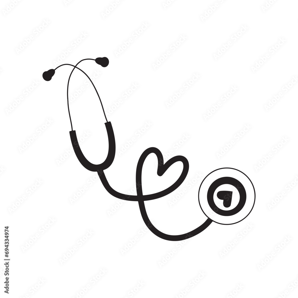 Cute simple stethoscope design with heart on tube in black isolated on ...