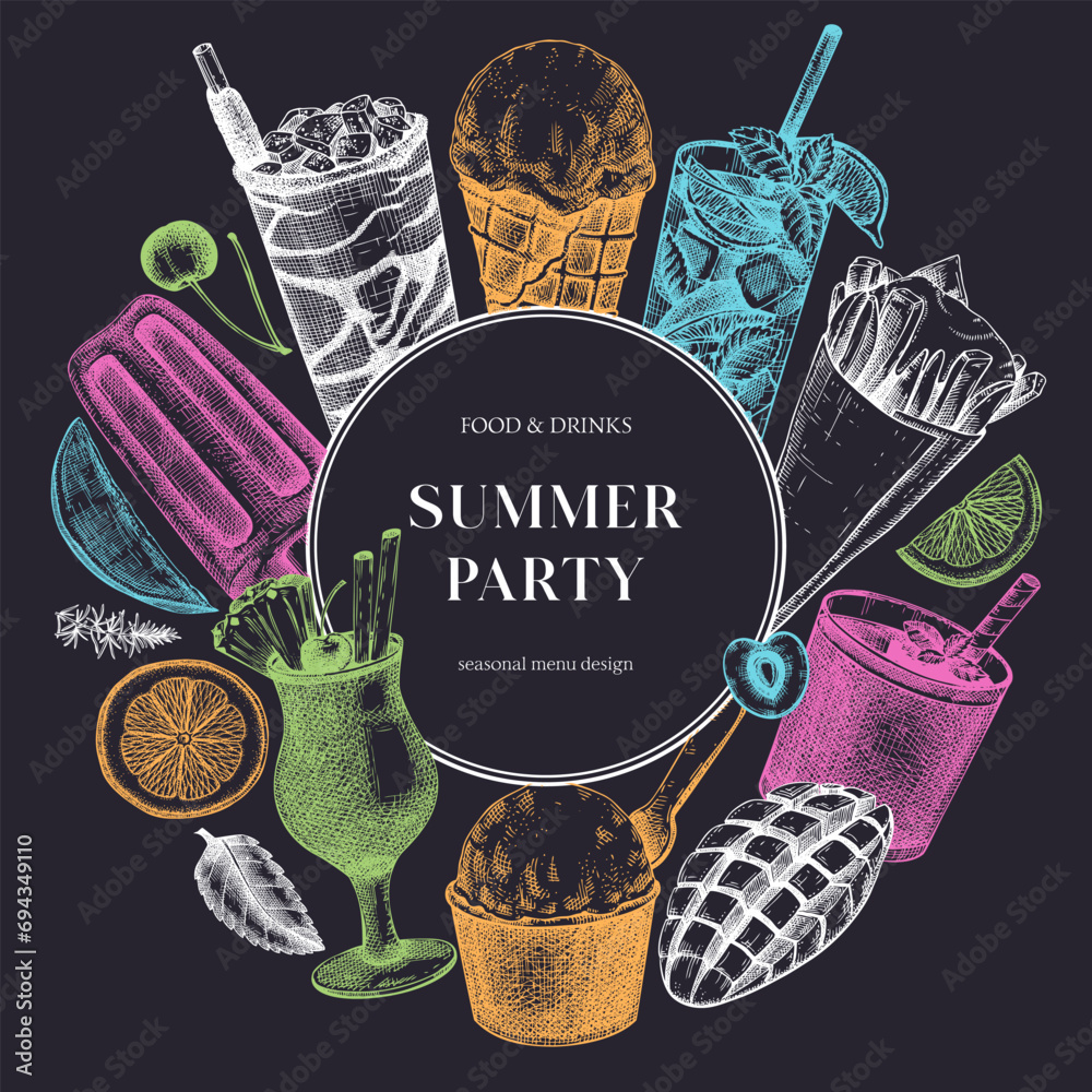 Summer party banner. Non-alcoholic beverage, mocktail, ice cream, fruit ...