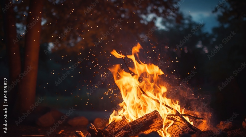 Burning bonfire of trees and branches with tongues of flame rising ...