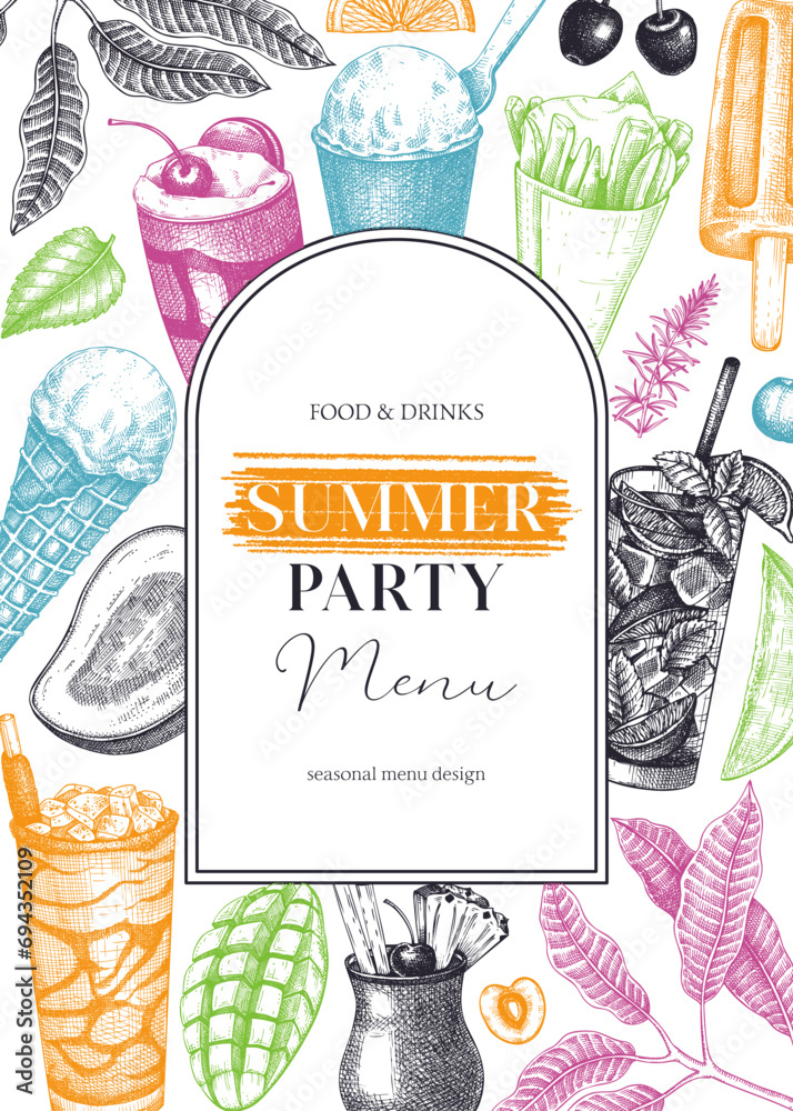 Summer party flyer design. Non-alcoholic beverage, mocktail, ice cream ...