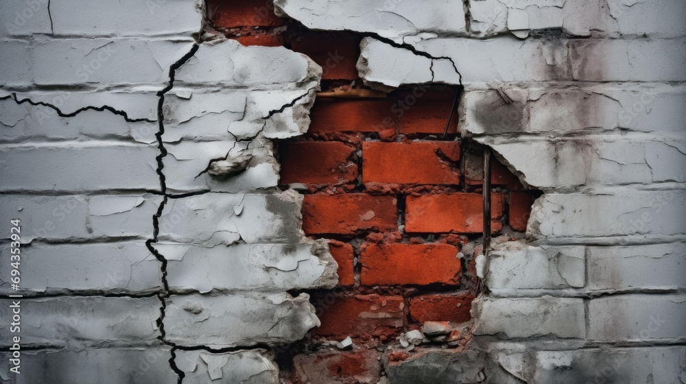 Destroyed, cracked wall. Falling off plaster, a gap in the wall with ...