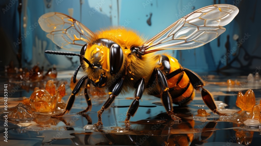 A pesky yellow bee, with its membranewinged invertebrate body, lands on ...
