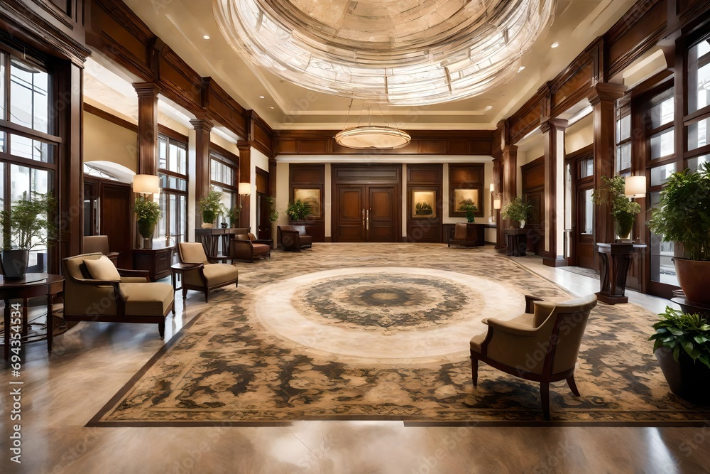 An estate office lobby with a grand entrance, high-end furnishings, and ...