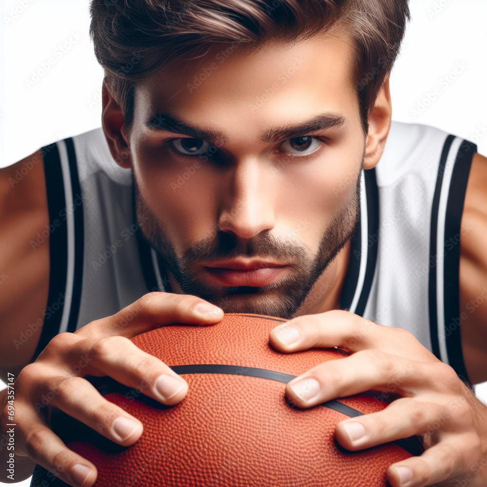 Focused basketball player. His face shows tension and determination ...