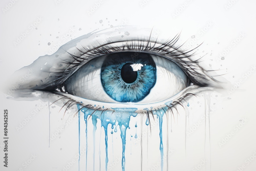 a painting of a blue eye with water dripping down the side of the eye ...